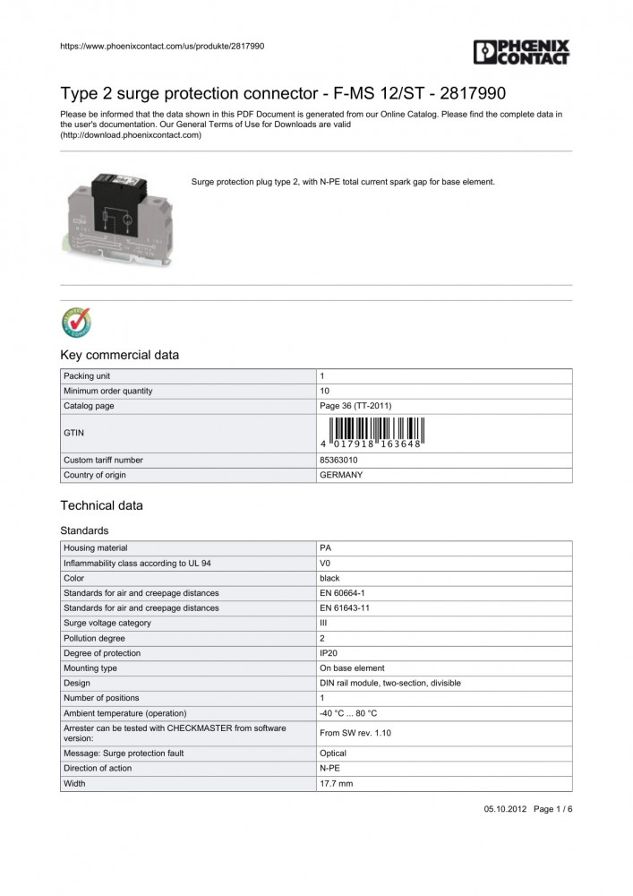 Phoenix Contact 2817990 product document page 1