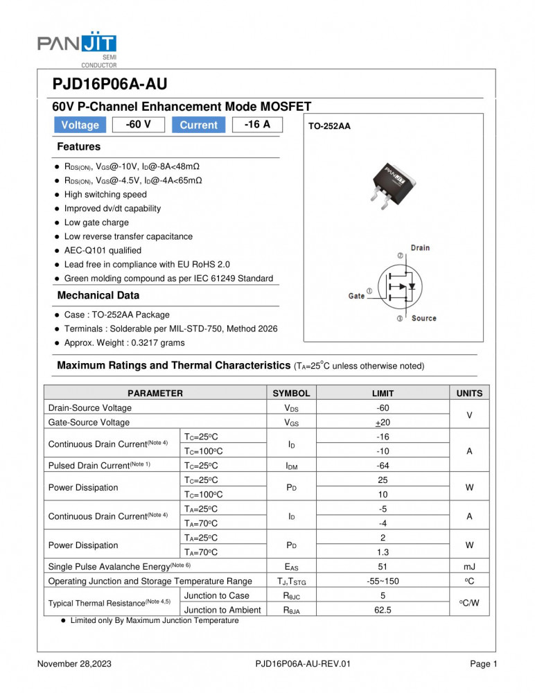 PJD16P06A-AU datasheet page 1