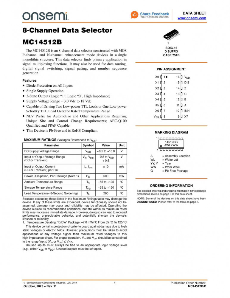 MC14512B datasheet page 1