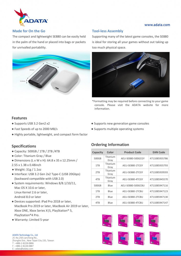 ADATA SE880 product document, page 2