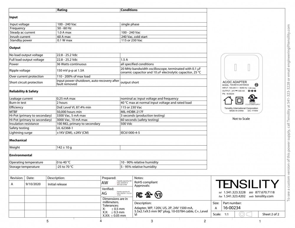 Tensility 16-00234 electrical and mechanical details, page 2