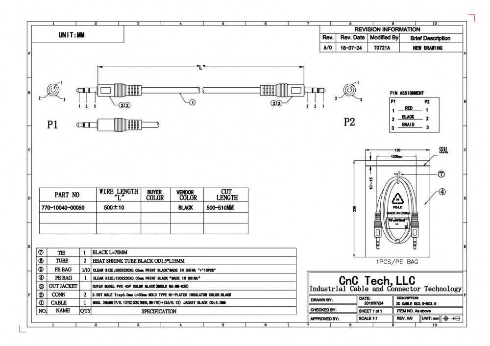 770-10040-00050 product drawing, pin assignment, cable construction, and packaging details