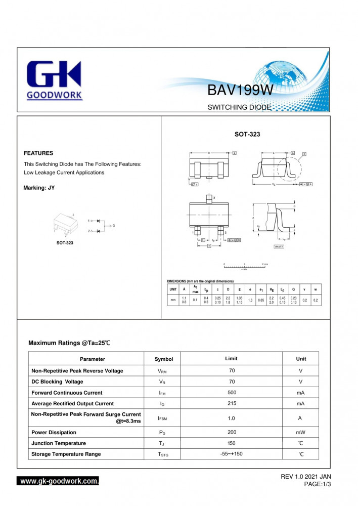 BAV199W technical document page 1