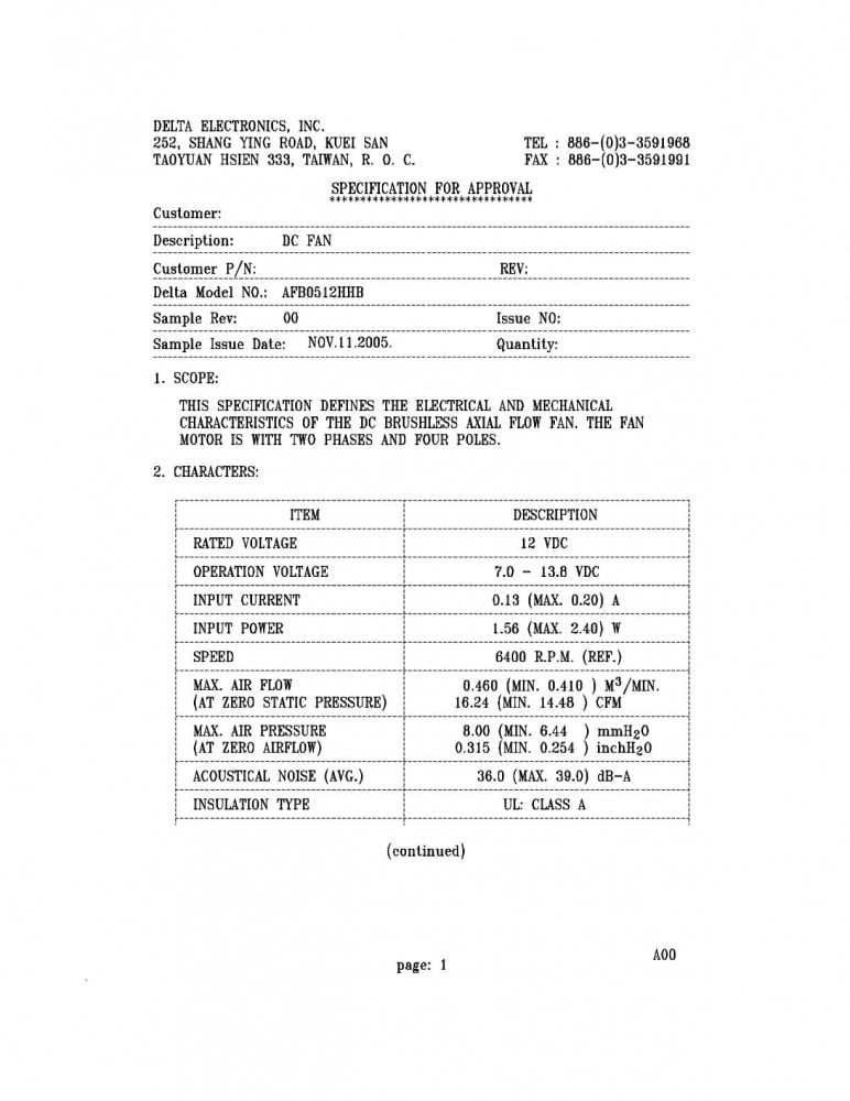AFB0512HHB technical document page 1