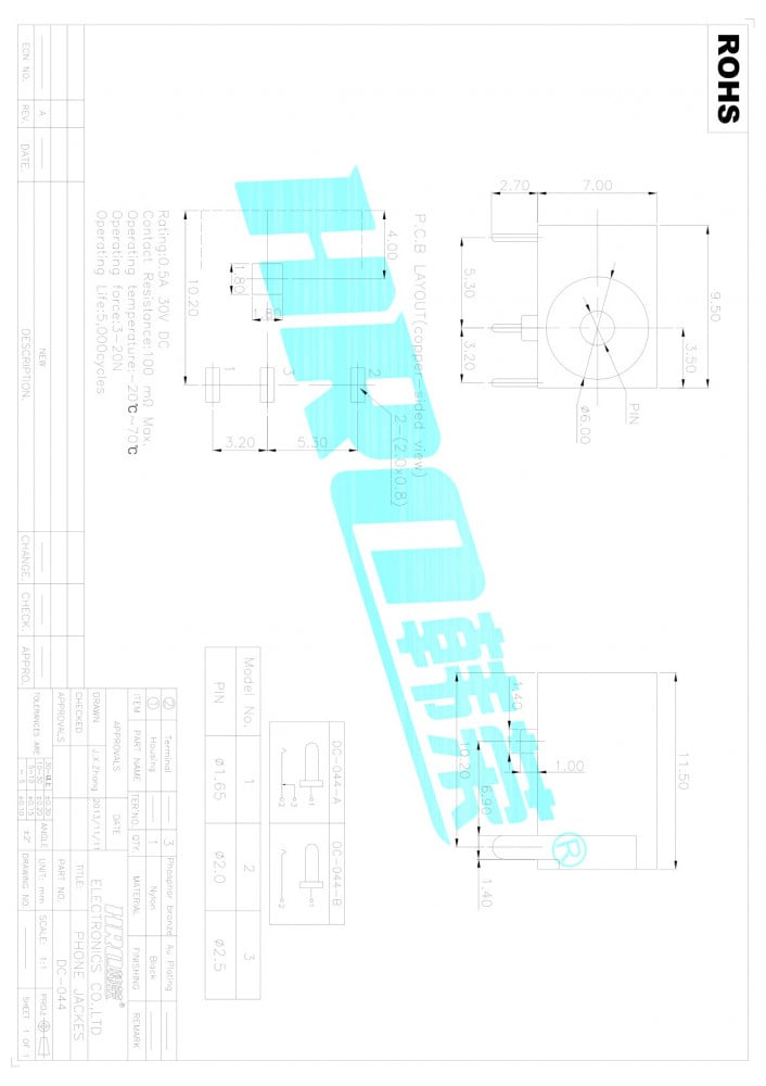 HRO DC-044-25A technical drawing and PCB layout