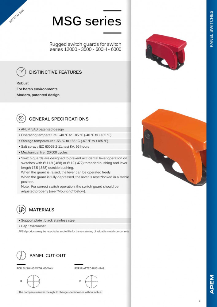 APEM MSG series datasheet page 1
