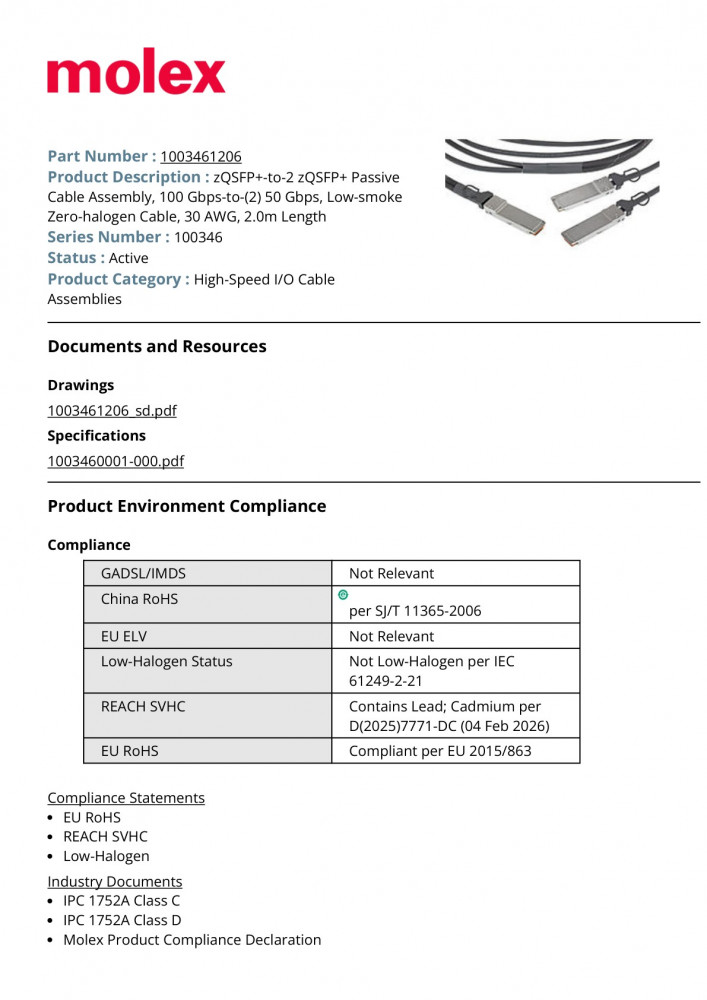 Molex 100346 series product specification, document page image 1