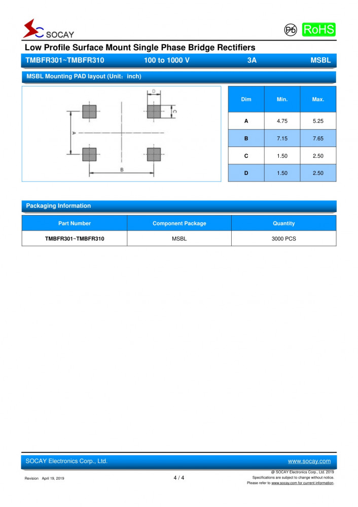 TMBFR301 to TMBFR310 datasheet, page 4: mounting pad layout and packaging information