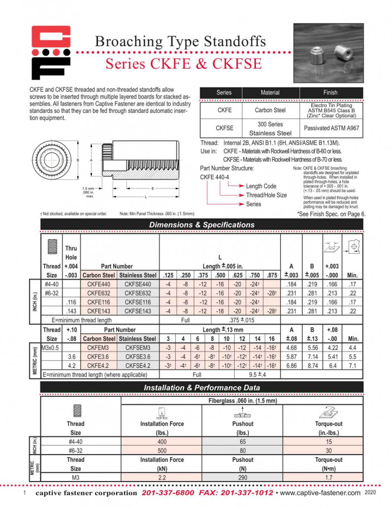 CKFE and CKFSE broaching standoff product documentation