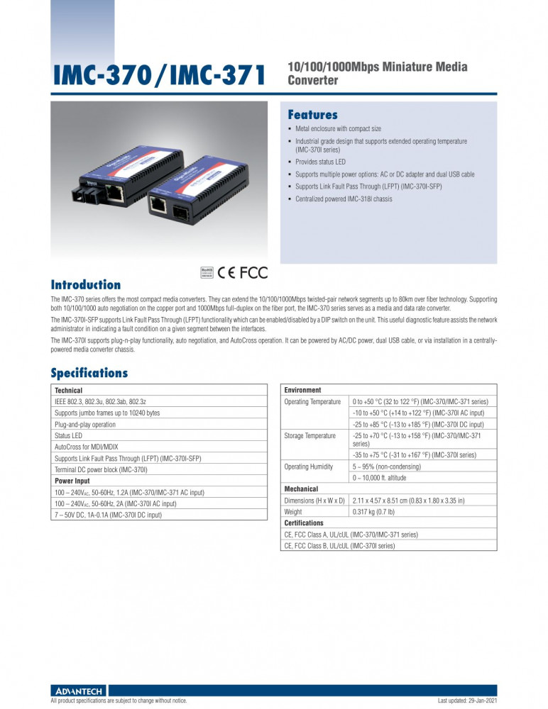ADVANTECH IMC-370 and IMC-371 product documentation page 1