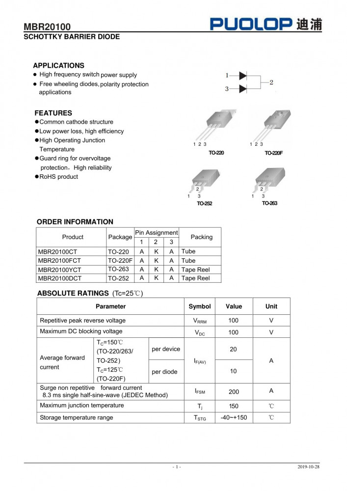 MBR20100FCT technical document page 1