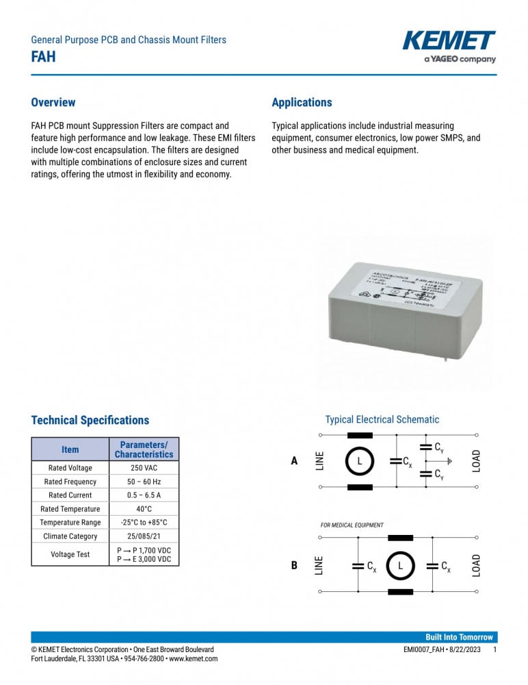KEMET FAH suppression filter datasheet page 1