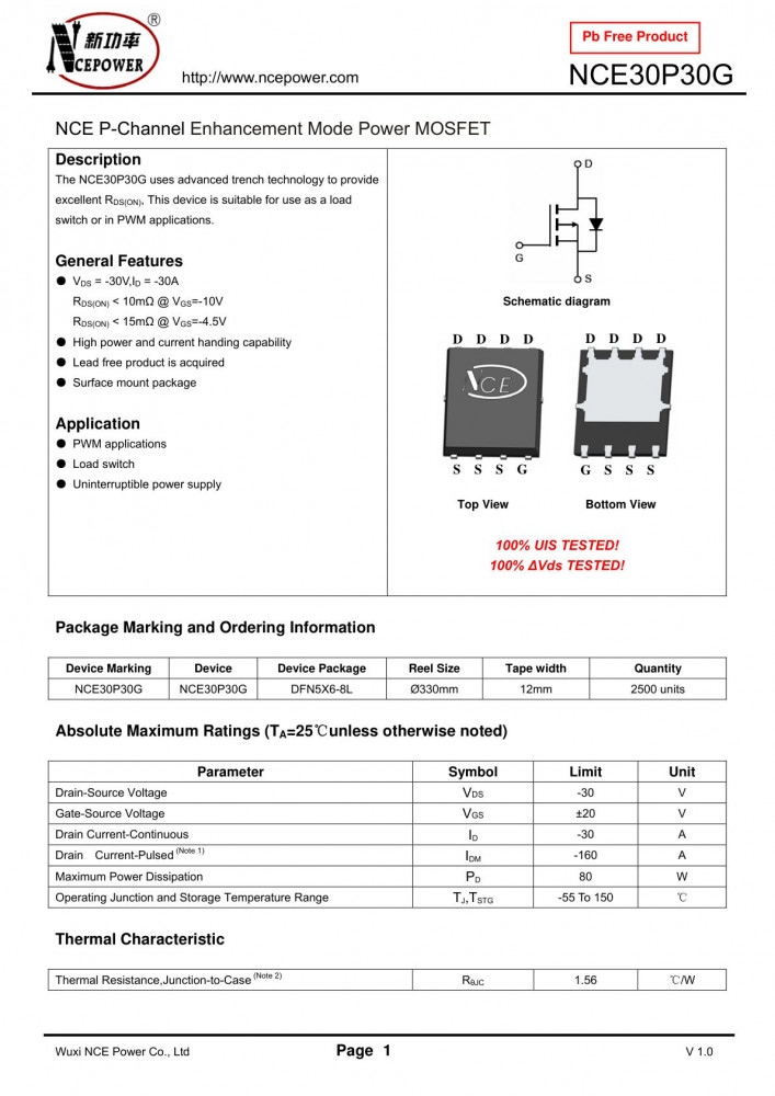 NCE30P30G datasheet page 1