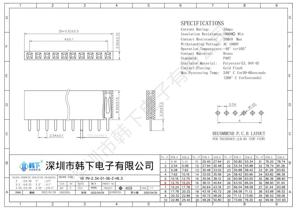 HX PM-2.54-01-06-Z-H8.5 technical document preview