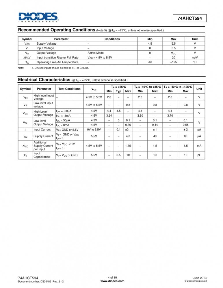 74AHCT594T16-13 datasheet page 4