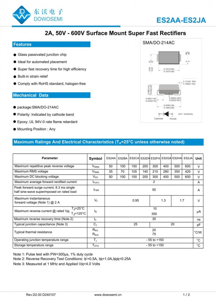 DOWO ES2DA datasheet page 1