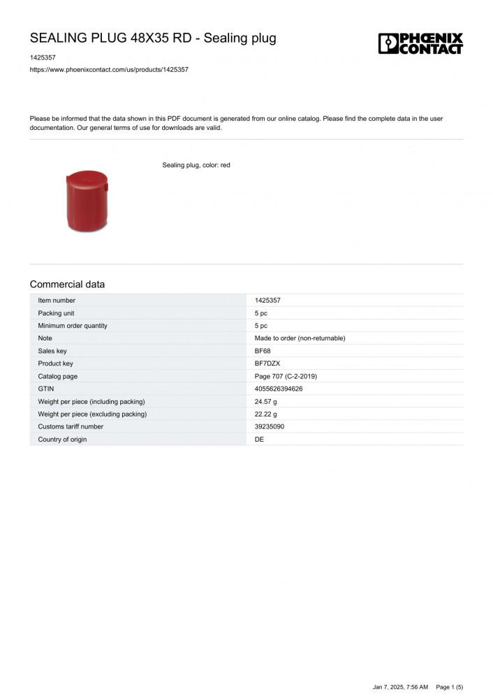 Phoenix Contact 1425357 product documentation page 1