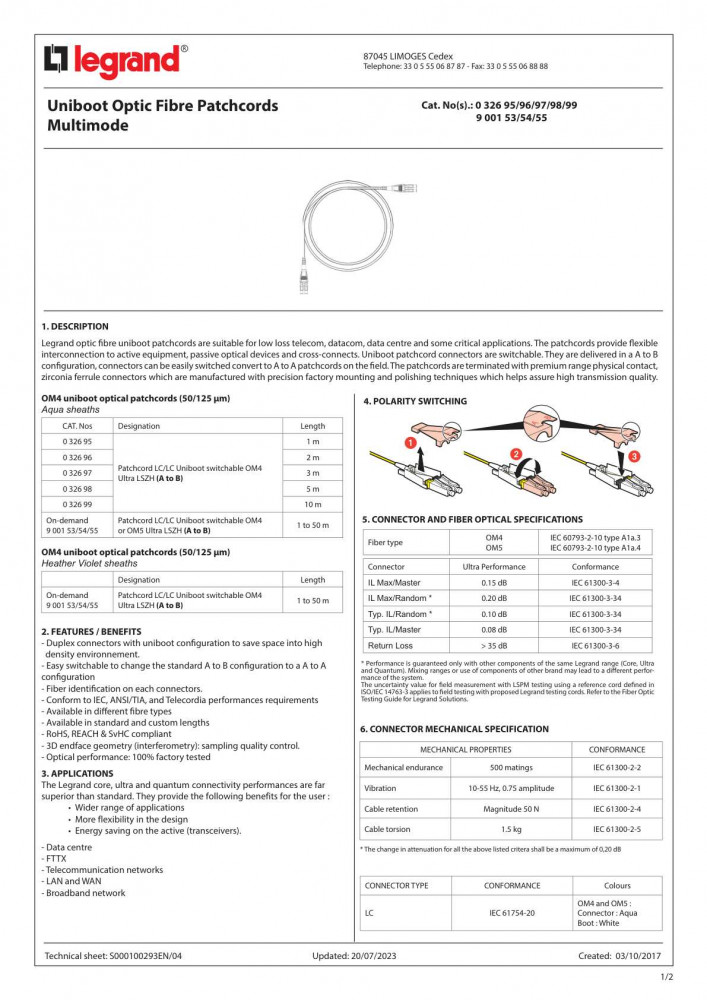 Legrand OM4 Uniboot fibre patchcord technical document preview, page 1