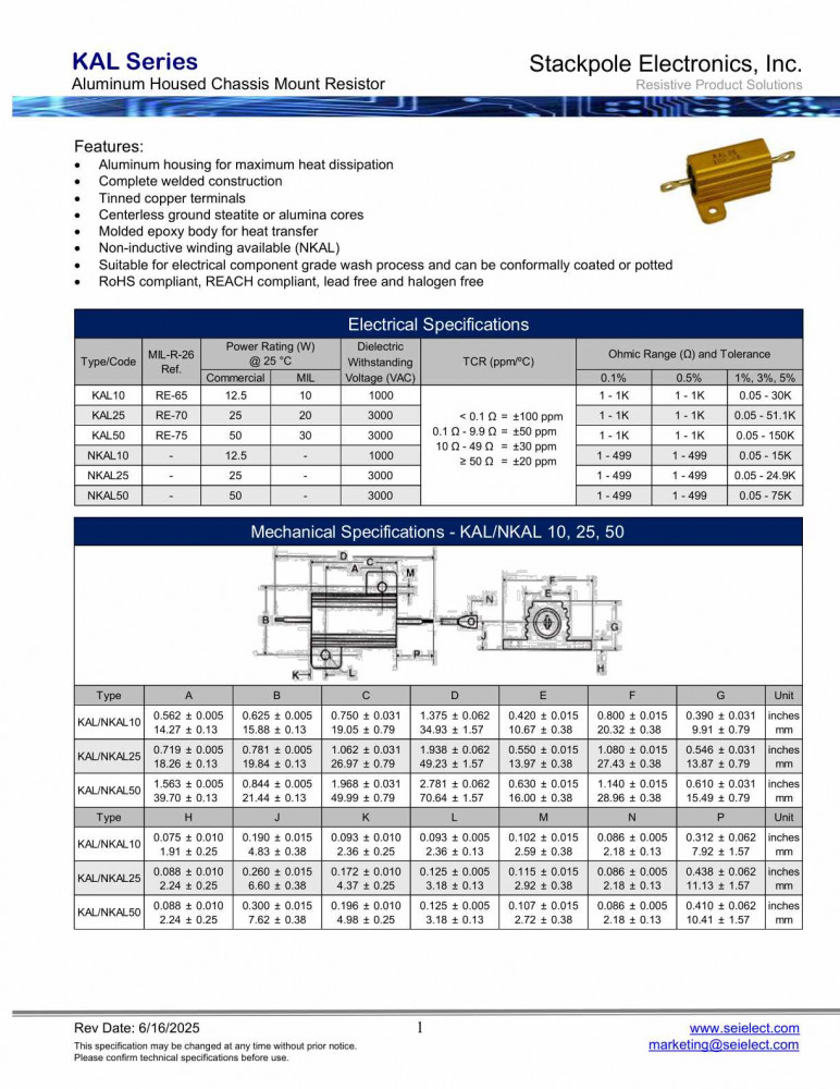 KAL series technical document, page 1