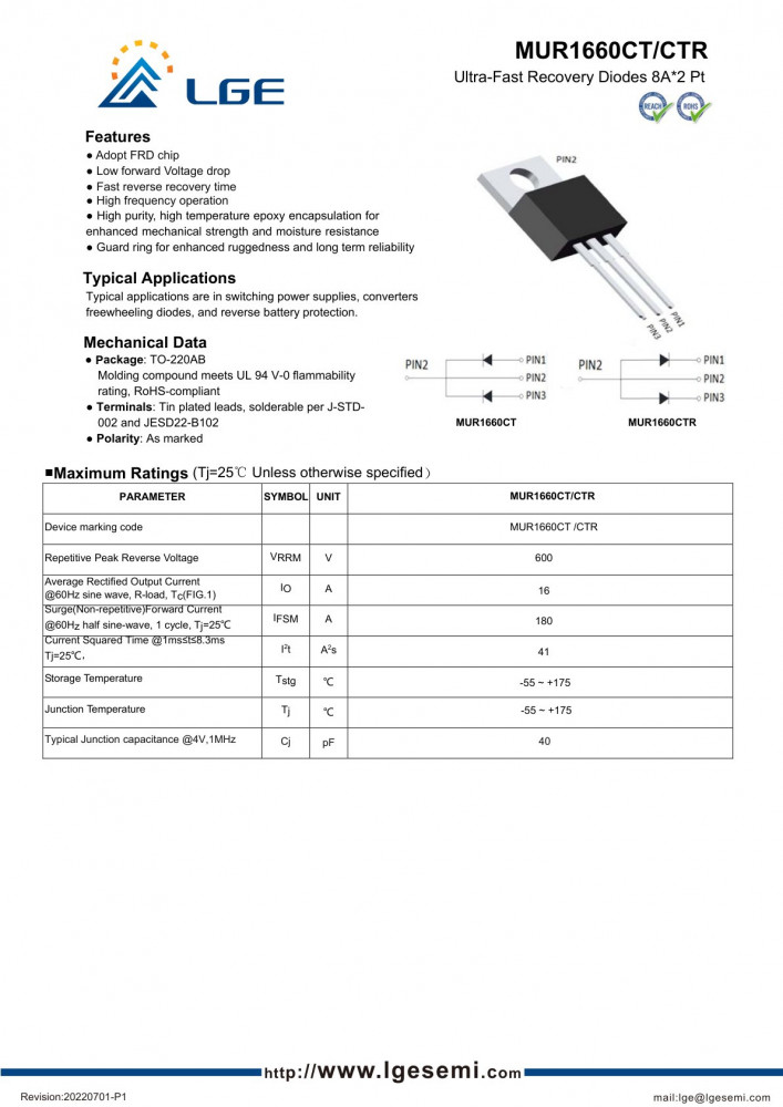 MUR1660CT datasheet page 1