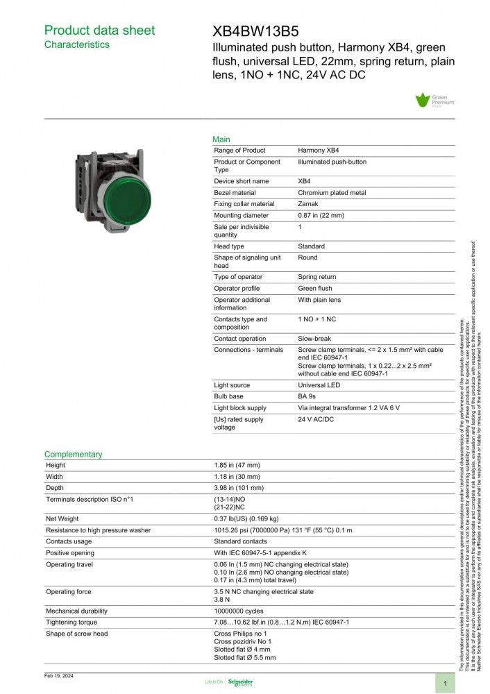 XB4BW13B5 technical document page 1