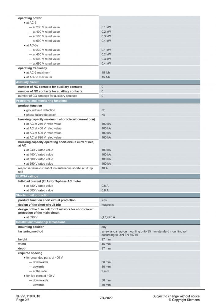 3RV23110HC10 datasheet page 2
