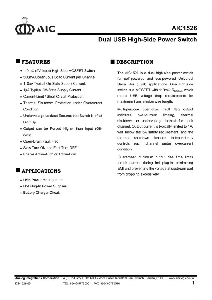 AIC1526 datasheet page 1