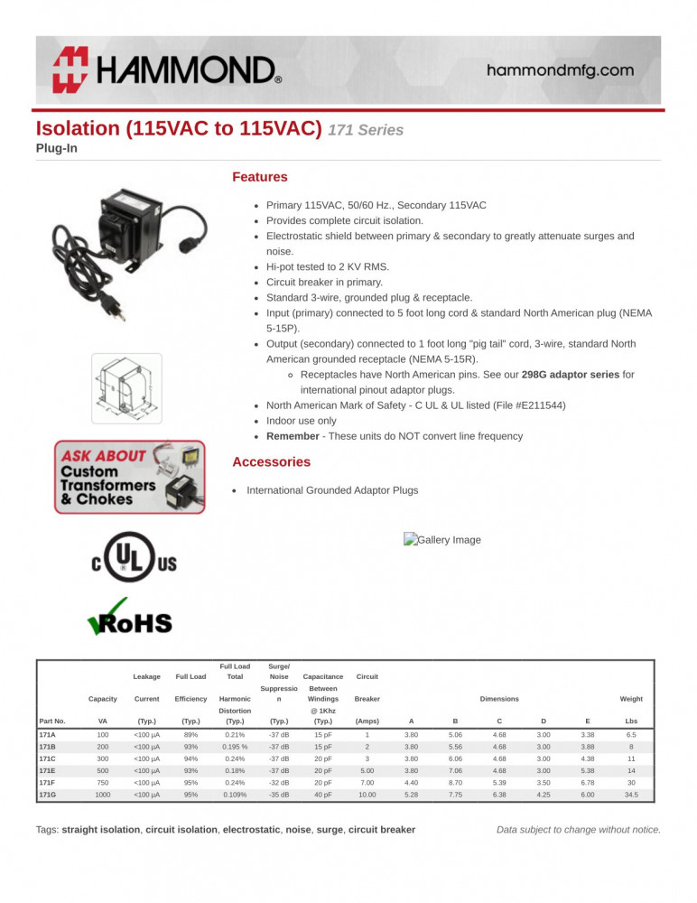 LEA NETWORKS 171 Series isolation transformer technical document, page 1