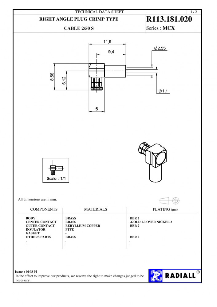 Radiall R113181020 technical datasheet, page 1