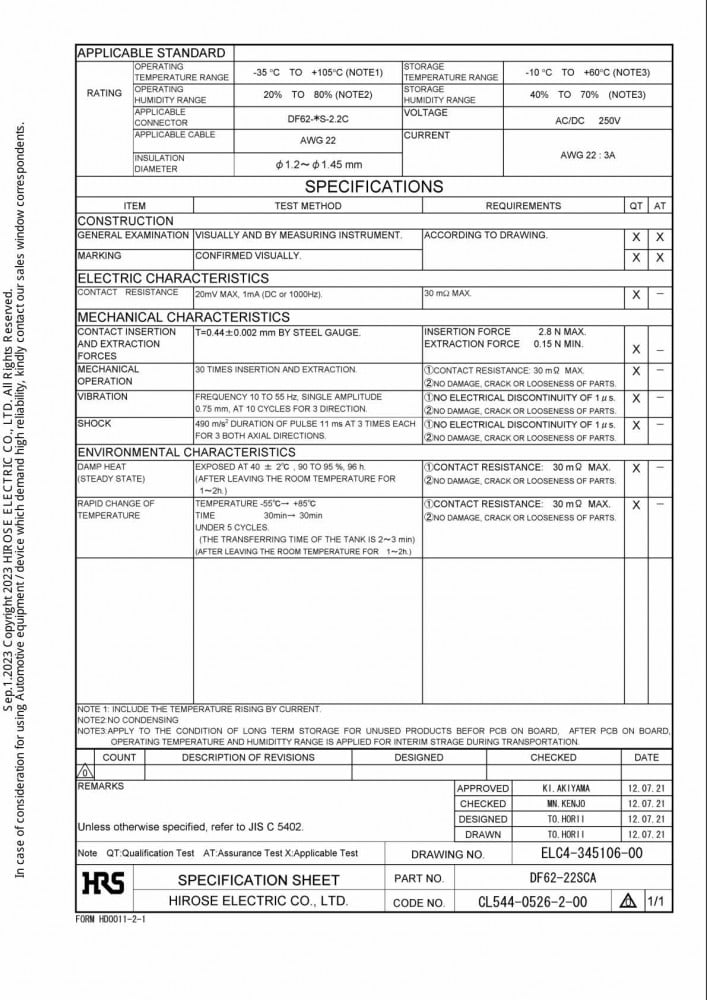 HRS DF62-22SCA specification sheet preview