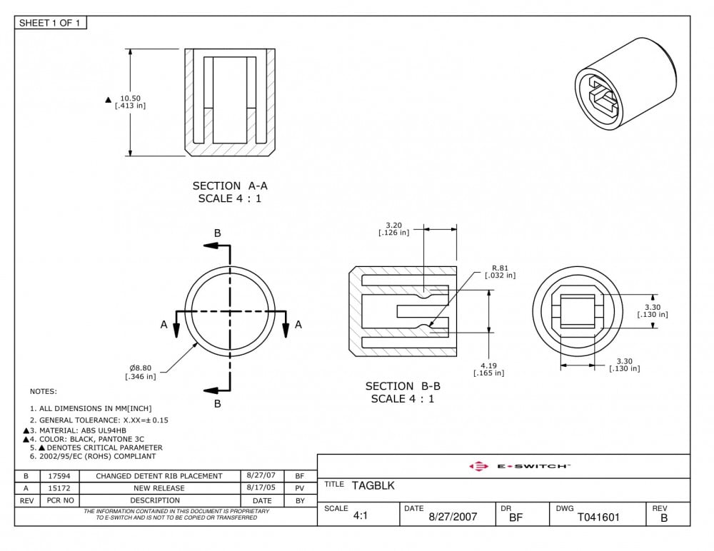 E-Switch TAGBLK technical drawing page
