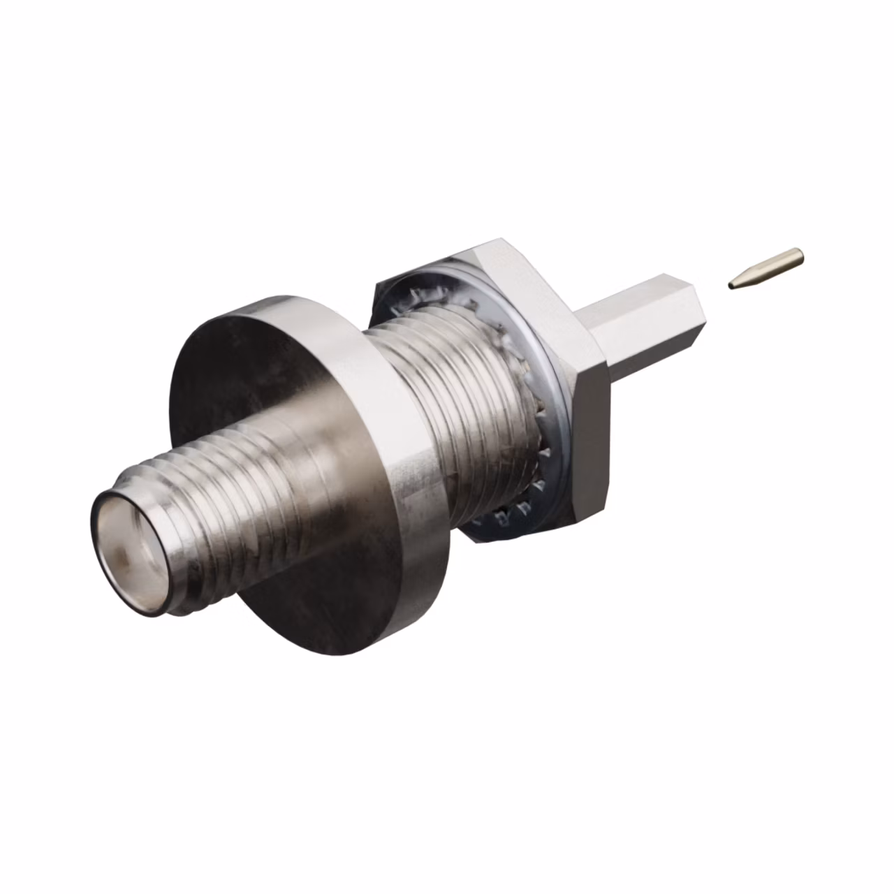 SMA Jack, Straight, Bulkhead, Crimp, RG-174 Cable, Front Mount, Brass Body, Nickel (Ni) Plated, 50 Ohms for sale
