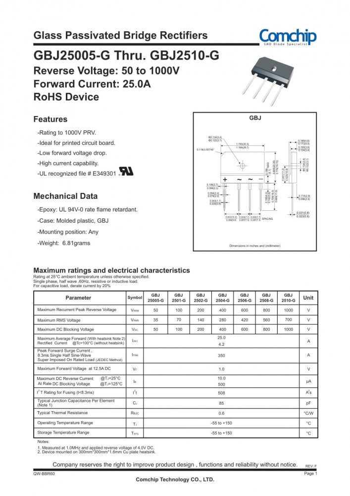 GBJ2510-03-G datasheet page 1