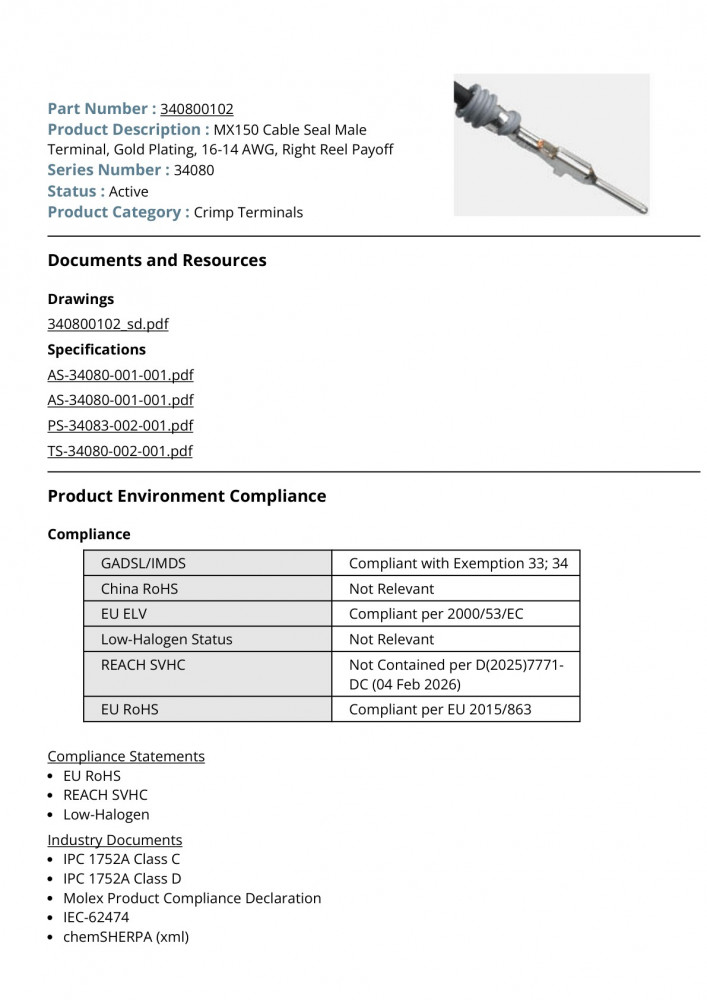 MOLEX 340800102 product drawing page 1