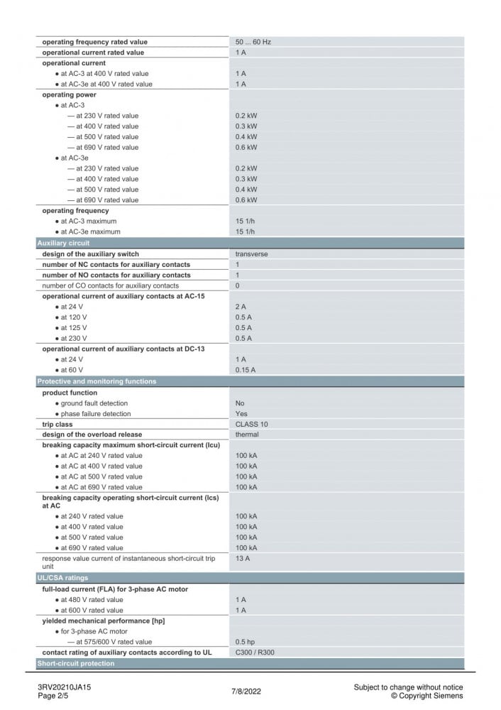 SIEMENS 3RV20210JA15 datasheet page 2