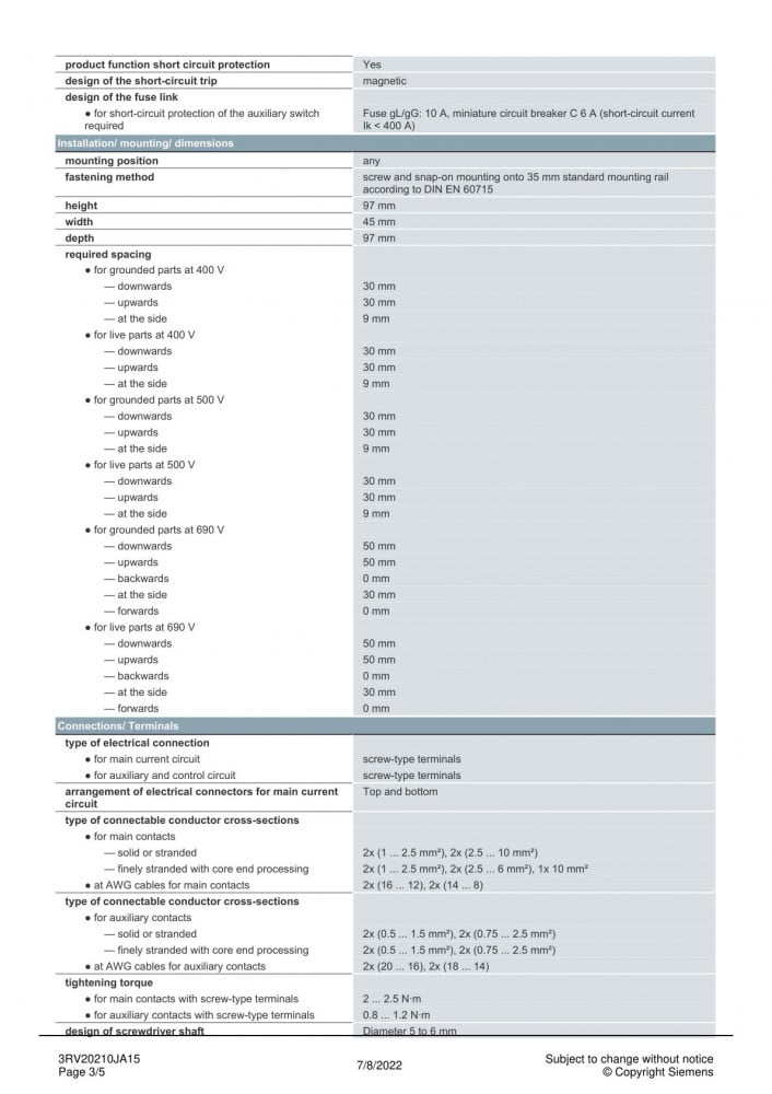 SIEMENS 3RV20210JA15 datasheet page 3