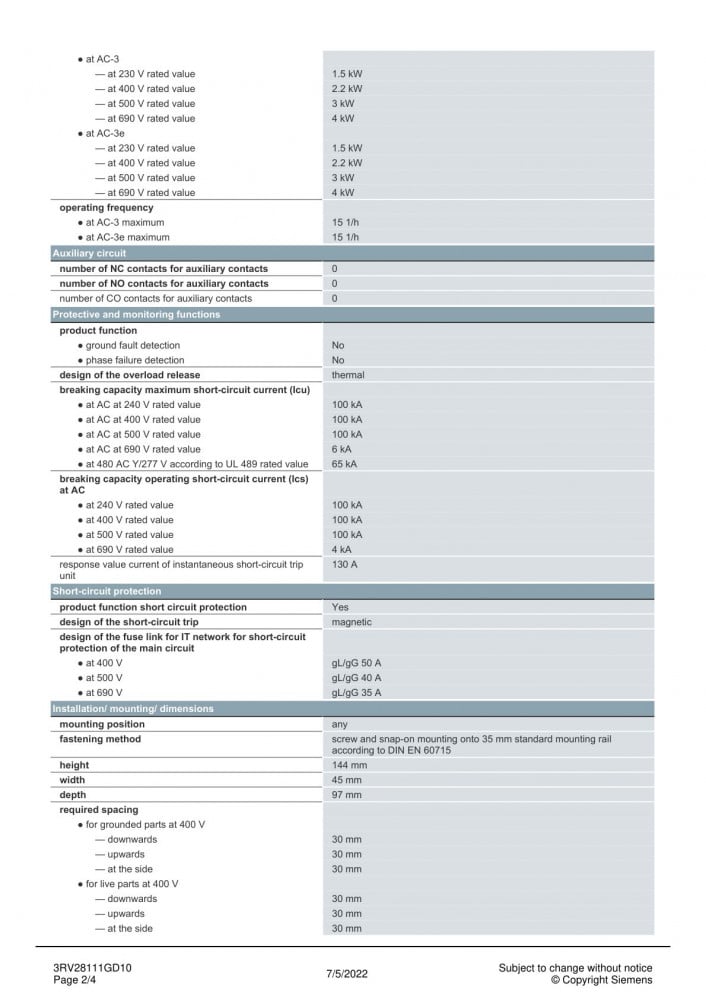 3RV28111GD10 datasheet page 2