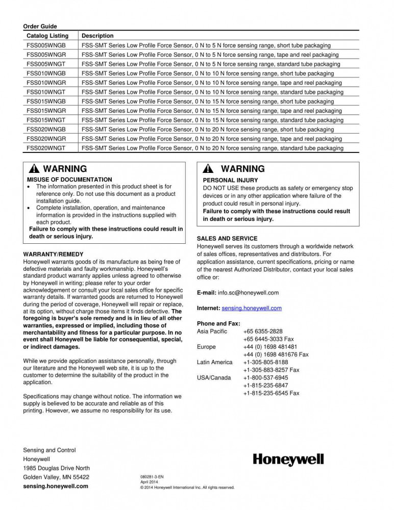 Honeywell FSS-SMT datasheet page 4