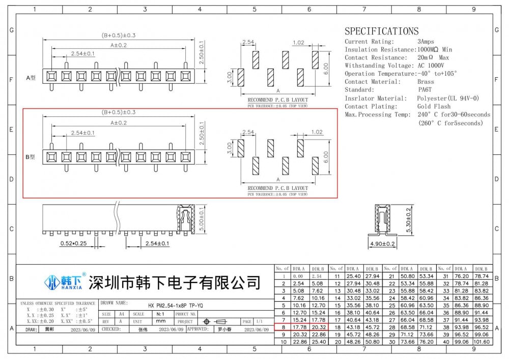 HX PM2.54-1x8P TP-YQ technical drawing preview