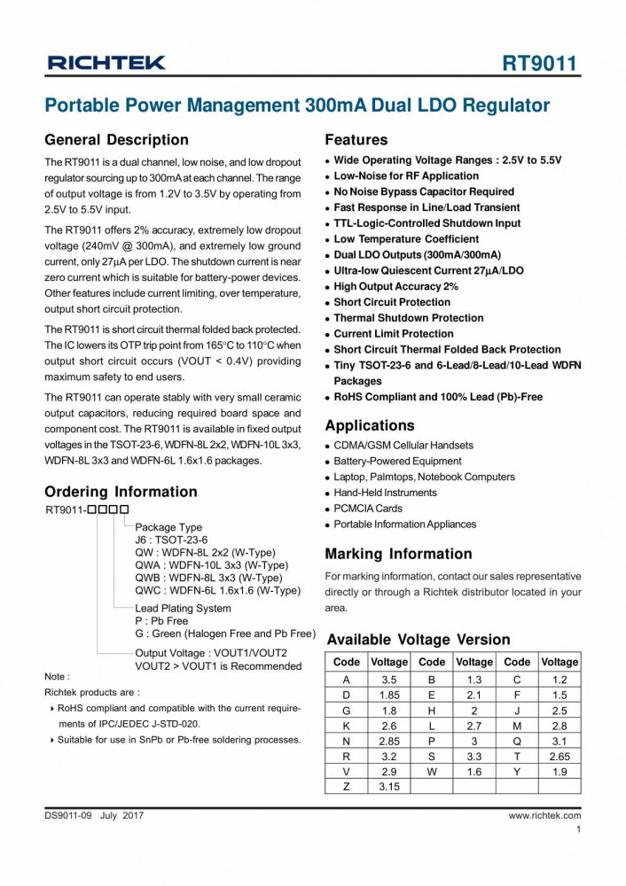 RT9011 datasheet page 1