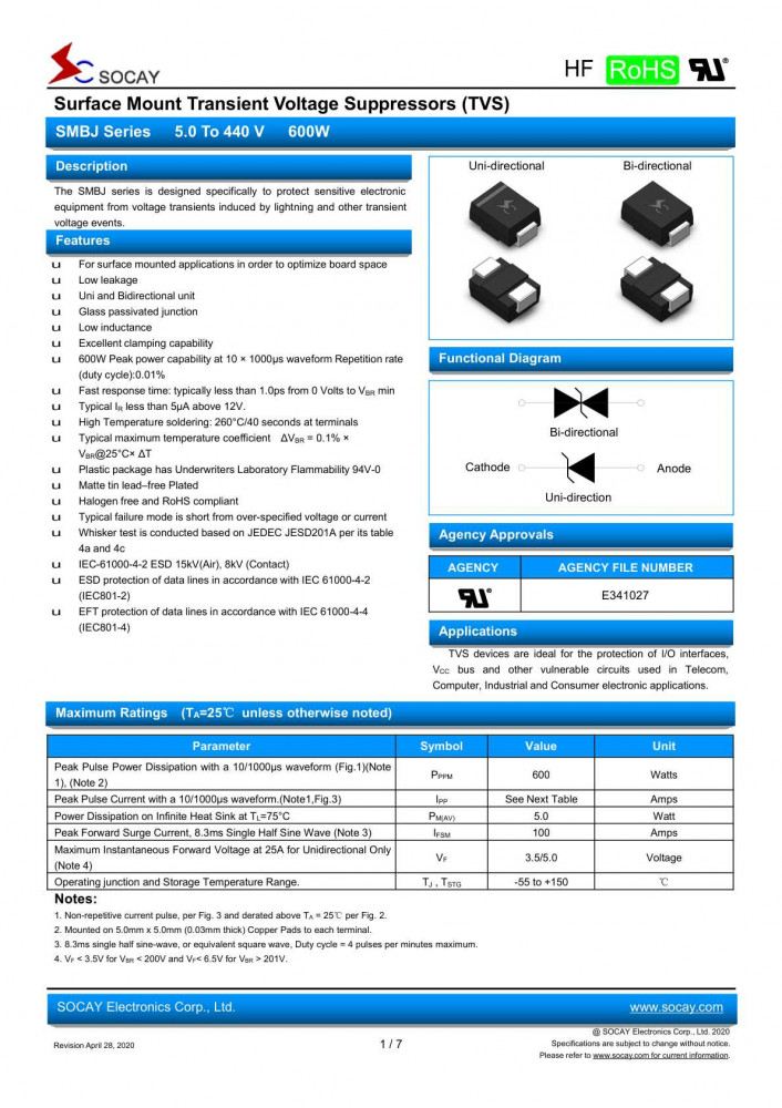 SOCAY SMBJ series datasheet page 1