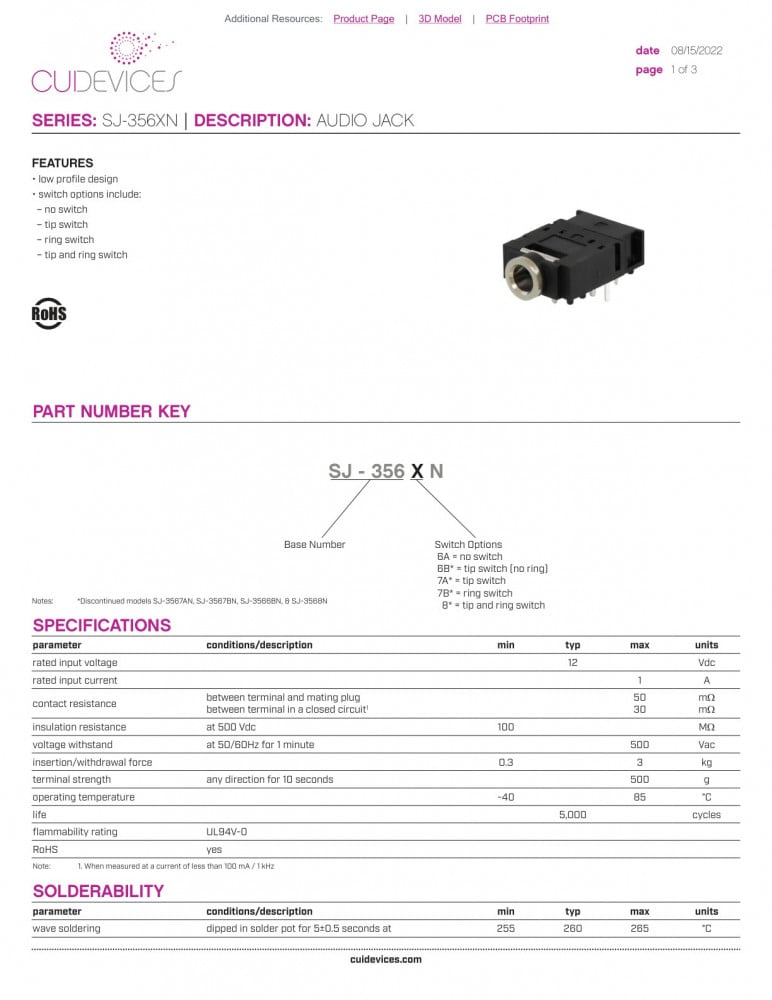 CUI SJ-3568N datasheet page 1