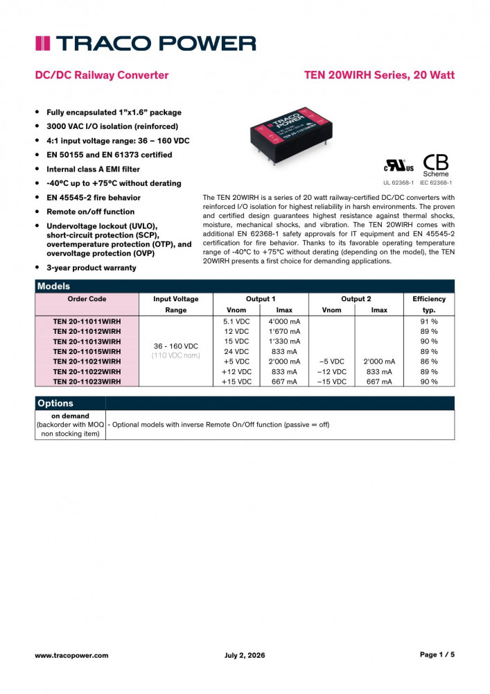 TEN 20WIRH product document preview, page 1