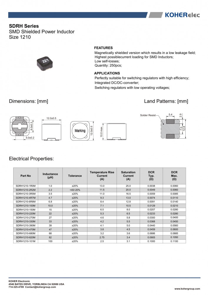 KOHERelec SDRH1210 series datasheet page 1