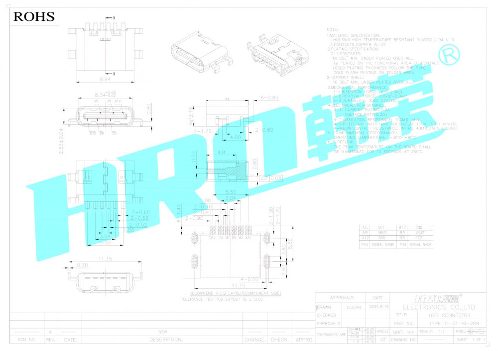 TYPE-C-31-M-28B USB connector drawing