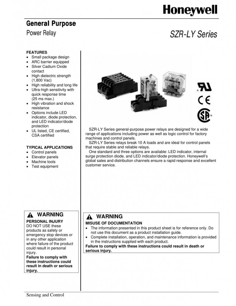 Honeywell SZR-LY series datasheet page 1