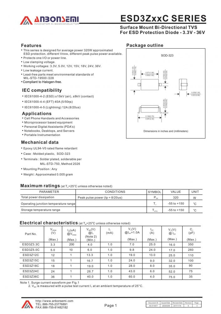 AnBon ESD3Z3.3C datasheet page 1