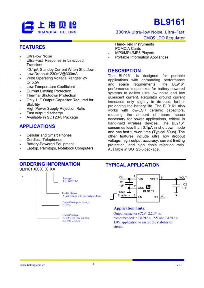 BL9161 datasheet page 1