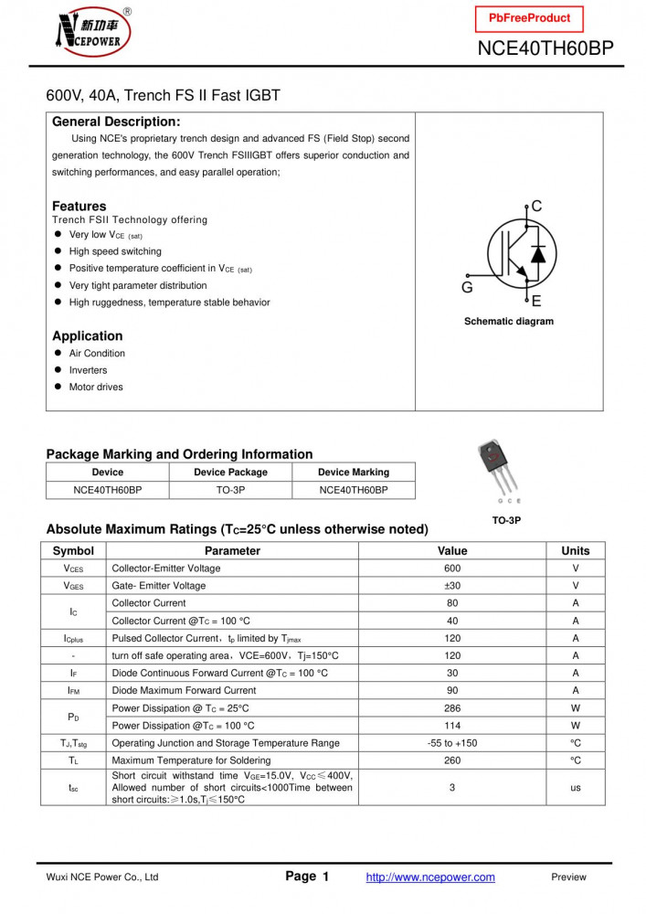 NCE40TH60BP datasheet page 1