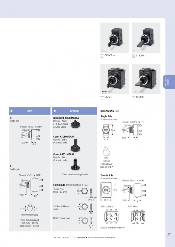 Bulgin 1700 and 1750 toggle switch technical document page 2